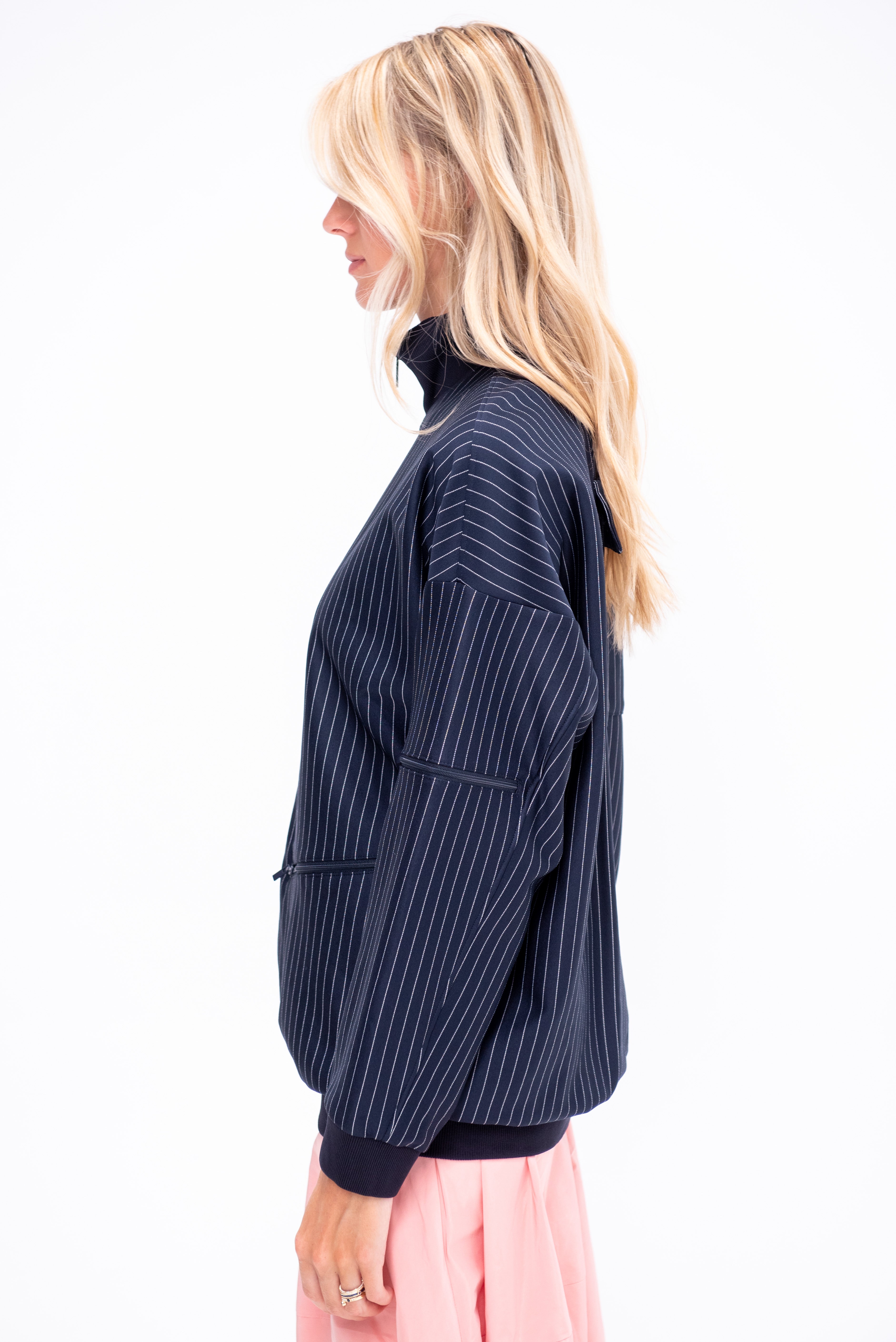 Tibi Jacket Pinstripe Active Knit, Navy Multi – Kick Pleat